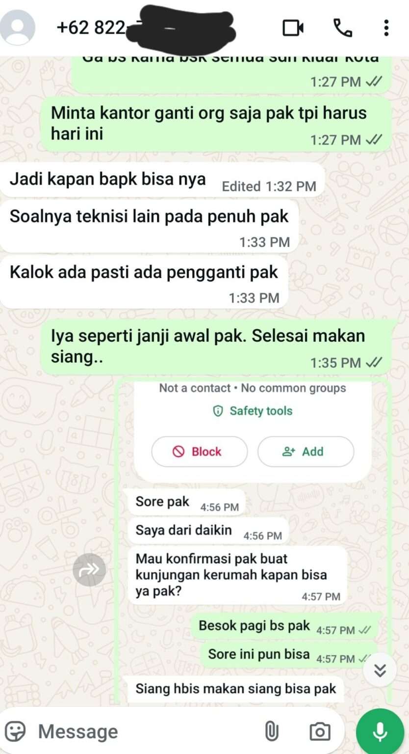 Teknisi dan Call Center Daikin yang Mempermainkan Pelanggan