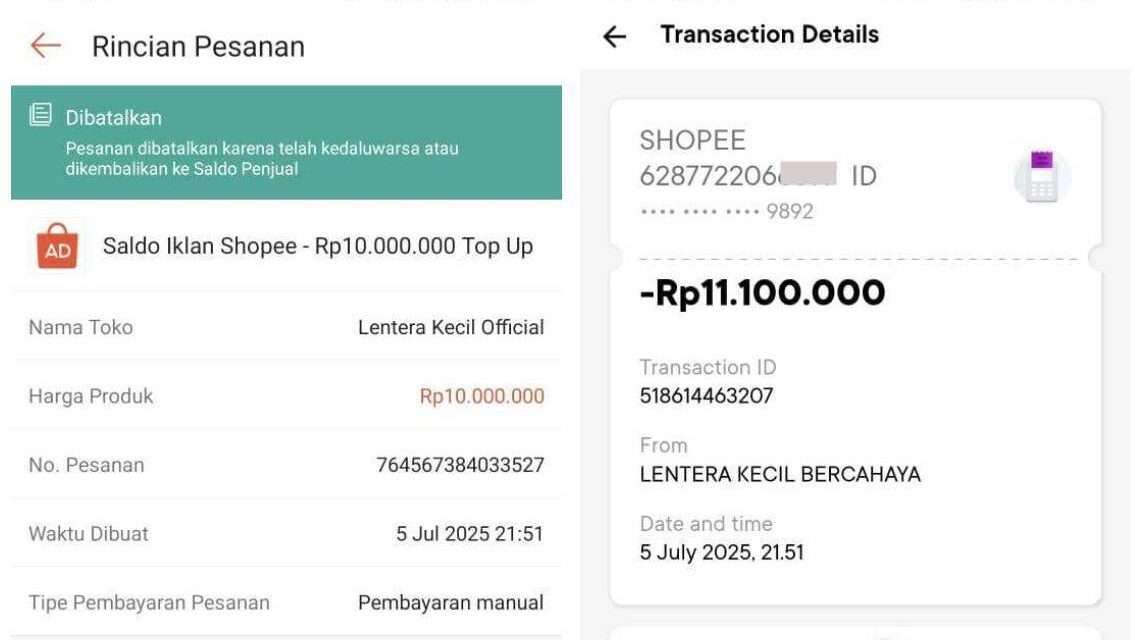 Top Up Saldo Iklan Shopee Senilai Rp10.000.000 Tidak Kunjung Masuk