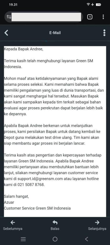 Proses Test Drive Green SM yang Digagalkan Tanpa Alasan Teknis yang Jelas