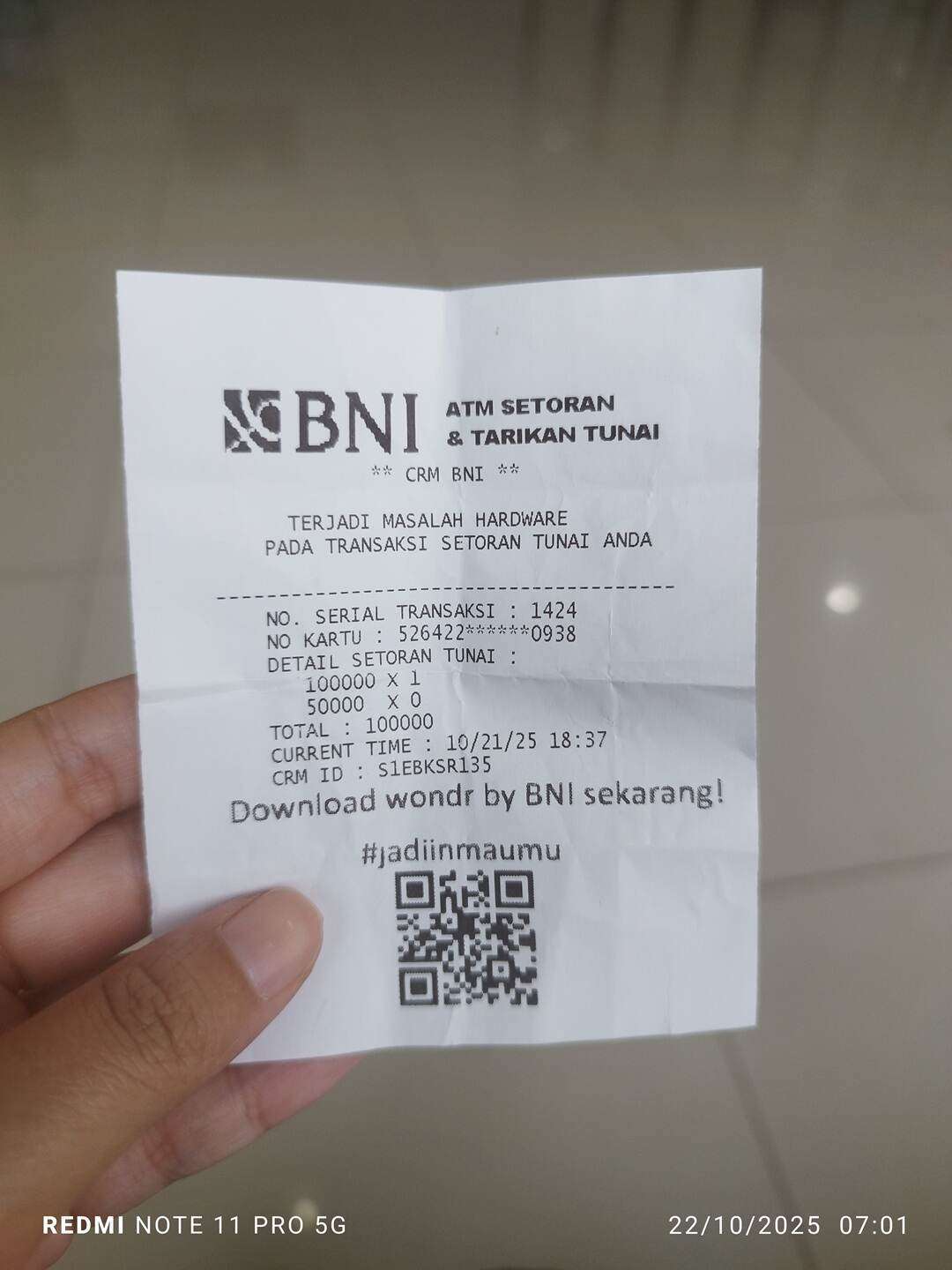 Setor Tunai di CRM Bank BNI Namun Gagal dan Saldo Tidak Masuk